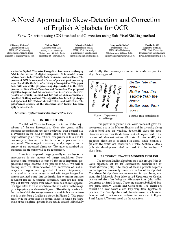 Pdf A Novel Approach To Skew Detection And Correction Of English Alphabets For Ocr