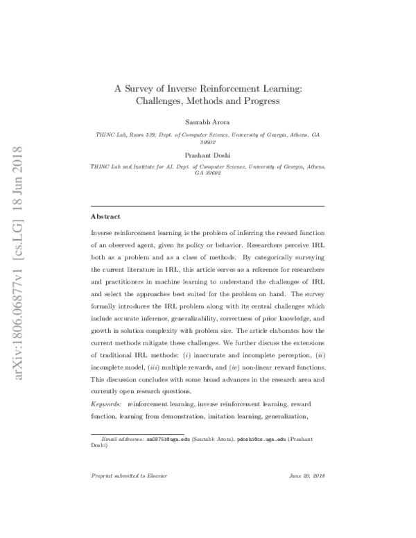 (PDF) A survey of inverse reinforcement learning: Challenges, methods and progress