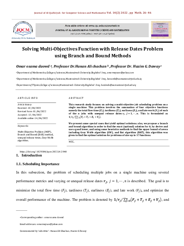 Pdf Solving Multi Objectives Function With Release Dates Problem Using Branch And Bound Methods