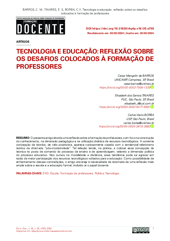 (PDF) TECNOLOGIA E EDUCAÇÃO: REFLEXÃO SOBRE OS DESAFIOS COLOCADOS À ...