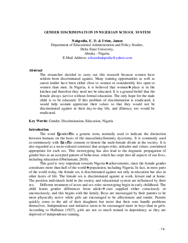 (PDF) GENDER DISCRIMINATION IN NIGERIAN SCHOOL SYSTEM