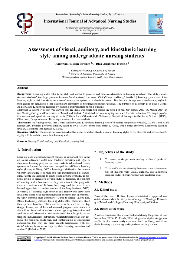 (PDF) Assessment of visual, auditory, and kinesthetic learning style ...