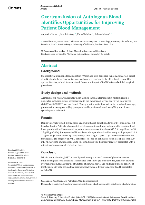 (PDF) Overtransfusion of Autologous Blood Identifies Opportunities for ...