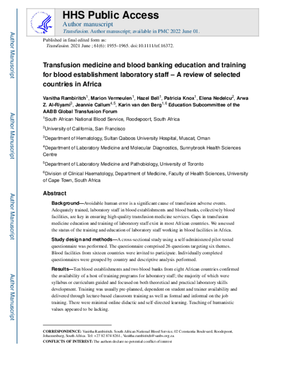 (PDF) Transfusion medicine and blood banking education and training for ...