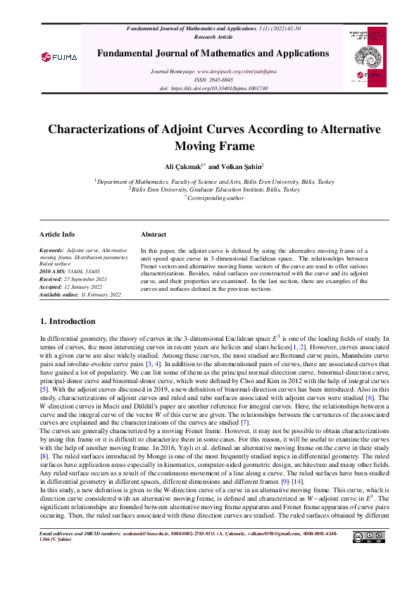 (PDF) Characterizations of Adjoint Curves According to Alternative ...