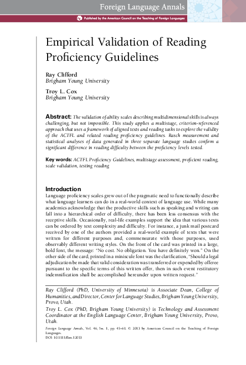 (PDF) Empirical Validation of Reading Proficiency Guidelines