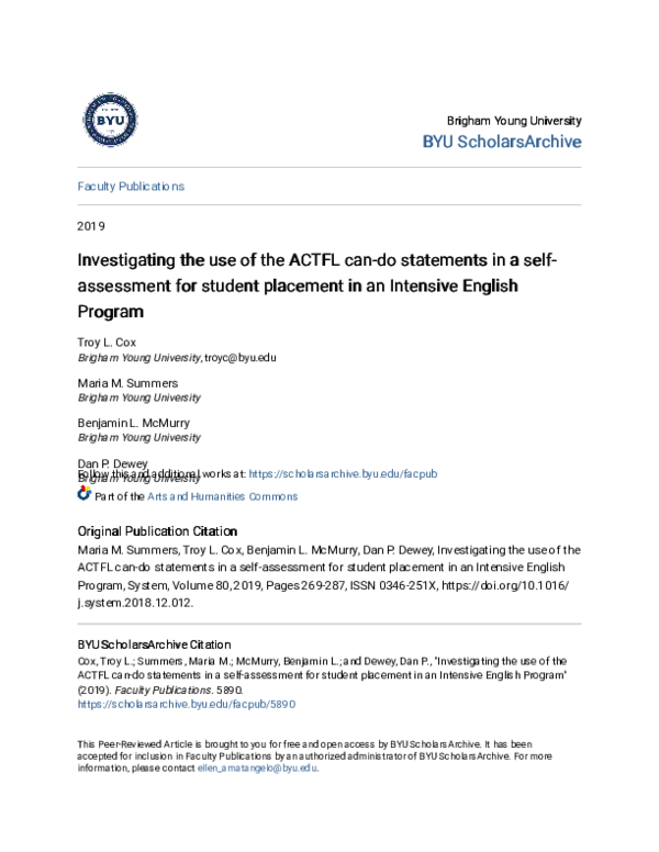 (PDF) Investigating the use of the ACTFL can-do statements in a self ...