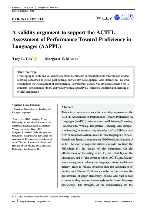 (PDF) A validity argument to support the ACTFL Assessment of Performance Toward Proficiency in ...