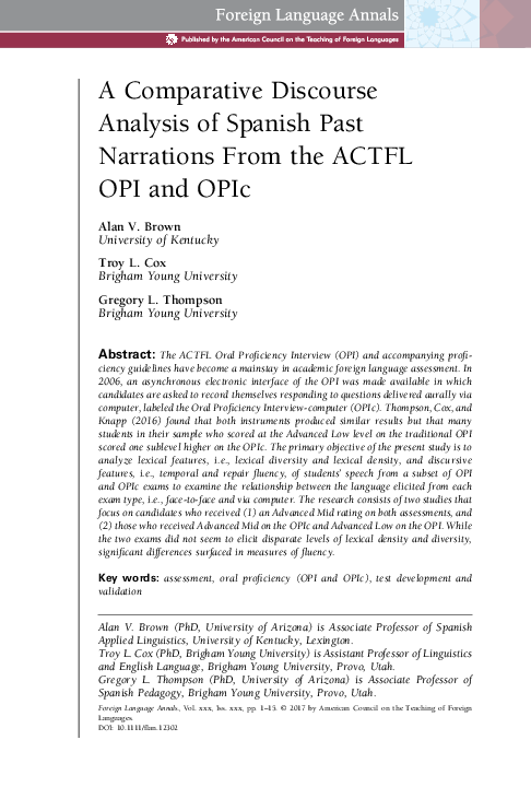 (PDF) A Comparative Discourse Analysis of Spanish Past Narrations From the ACTFL OPI and OPIc
