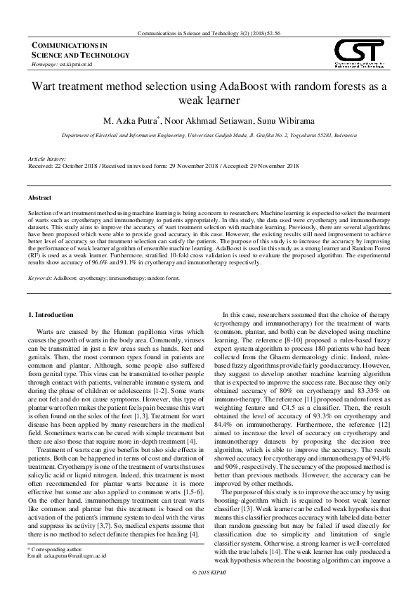 (PDF) Wart treatment method selection using AdaBoost with random forests as a weak learner