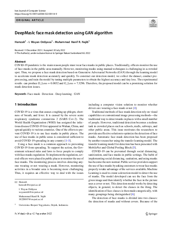 Pdf Deepmask Face Mask Detection Using Gan Algorithm 