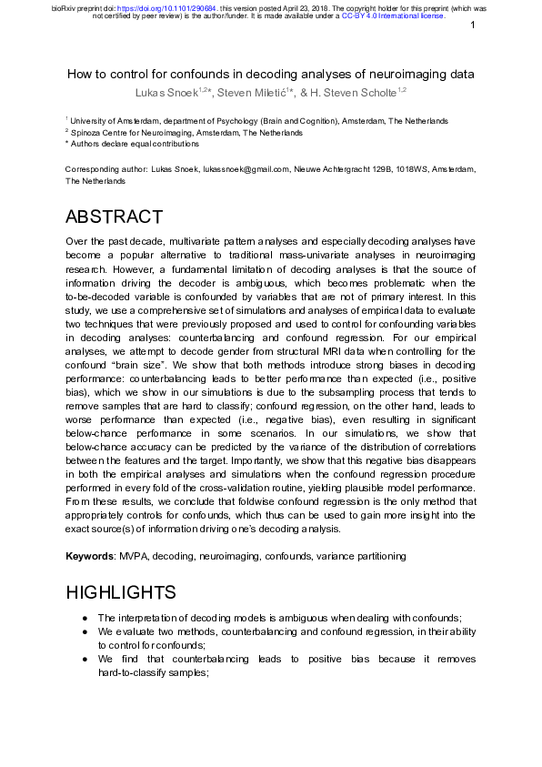 (PDF) How to control for confounds in decoding analyses of neuroimaging data