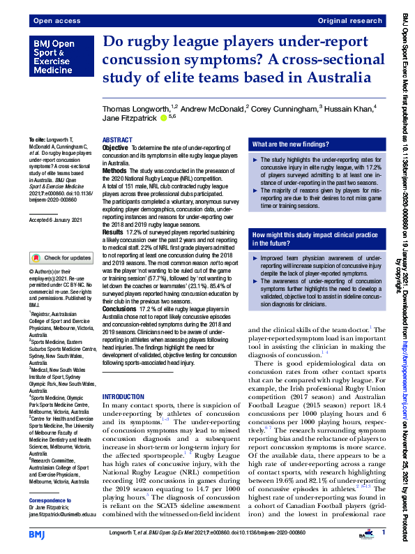 (PDF) Do rugby league players under-report concussion symptoms? A cross ...