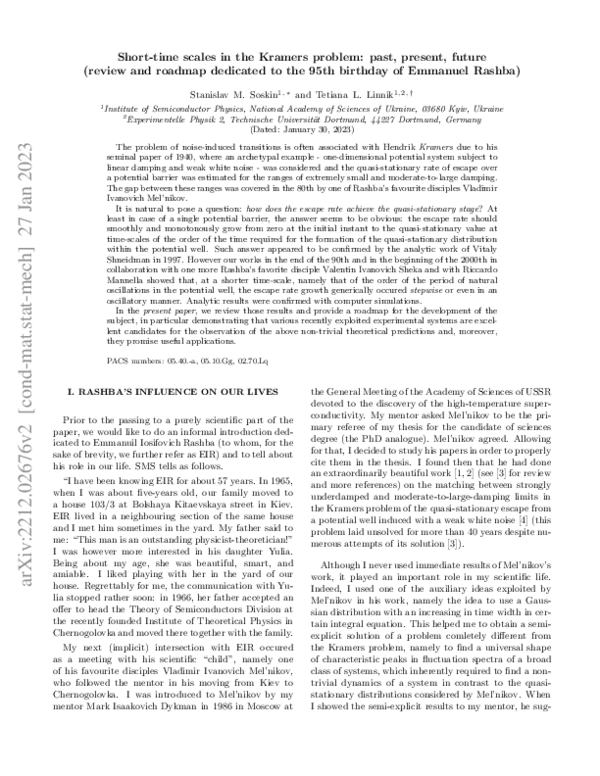 (PDF) Kramers Problem: Short-Time Scale Advances