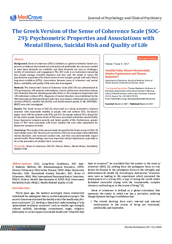 (PDF) The Greek Version of the Sense of Coherence Scale (SOC-29 ...