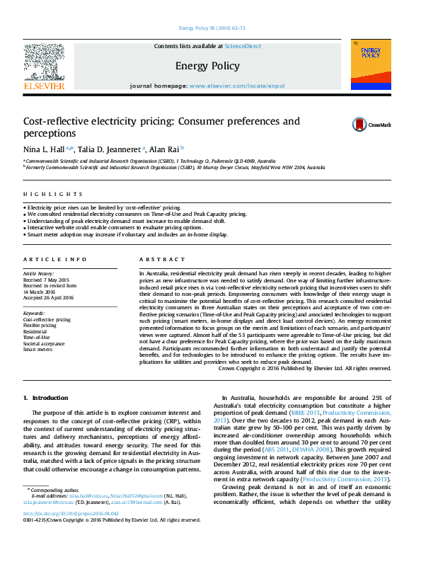 (PDF) Cost-reflective electricity pricing: Consumer preferences and ...
