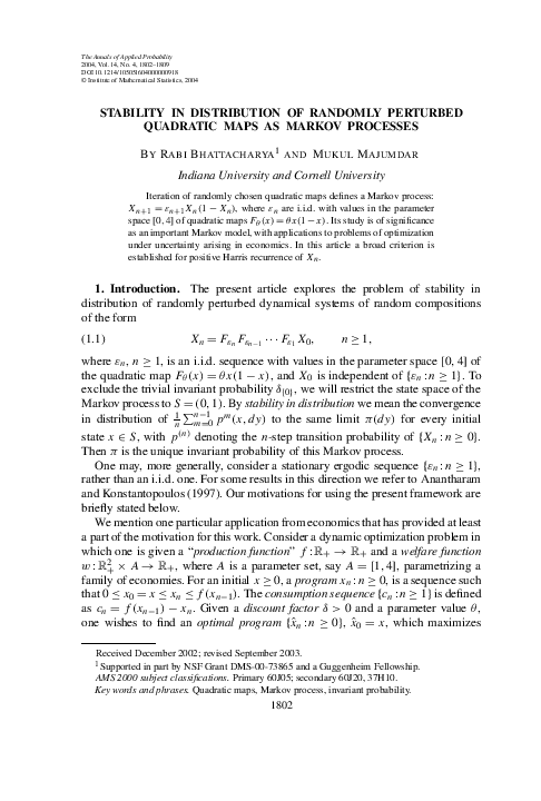 (PDF) Stability in Distribution of Randomly Perturbed Quadratic Maps as Markov Processes