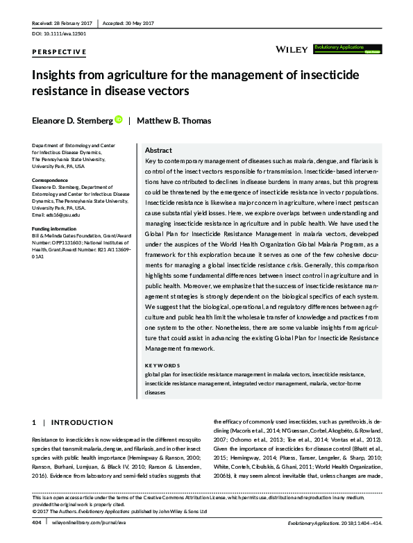 (PDF) Insights from agriculture for the management of insecticide resistance in disease vectors