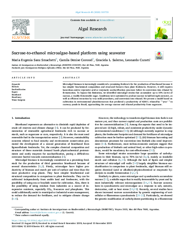 (PDF) Sucrose-to-ethanol microalgae-based platform using seawater