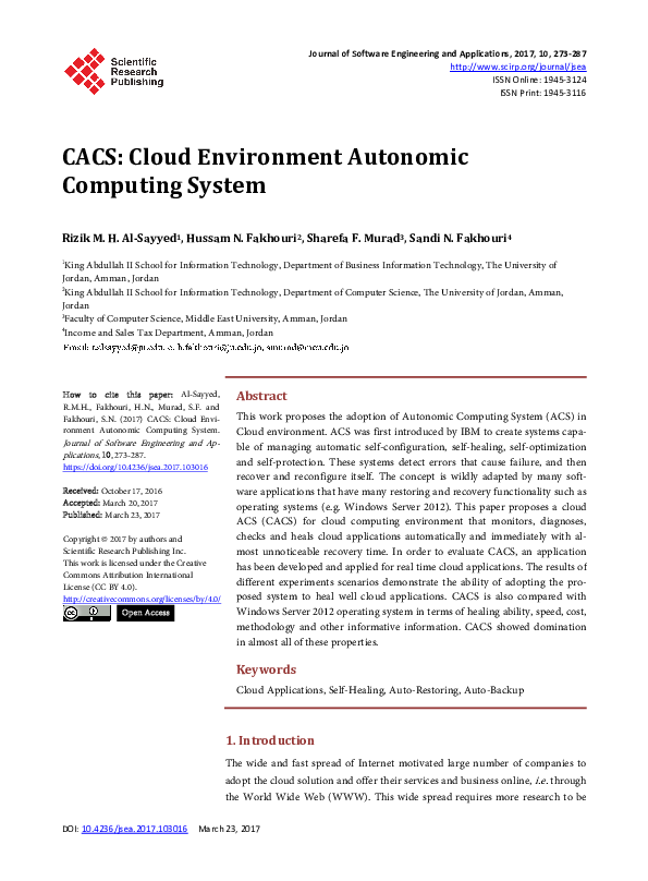 Pdf Cacs Cloud Environment Autonomic Computing System Hussam Fakhouri