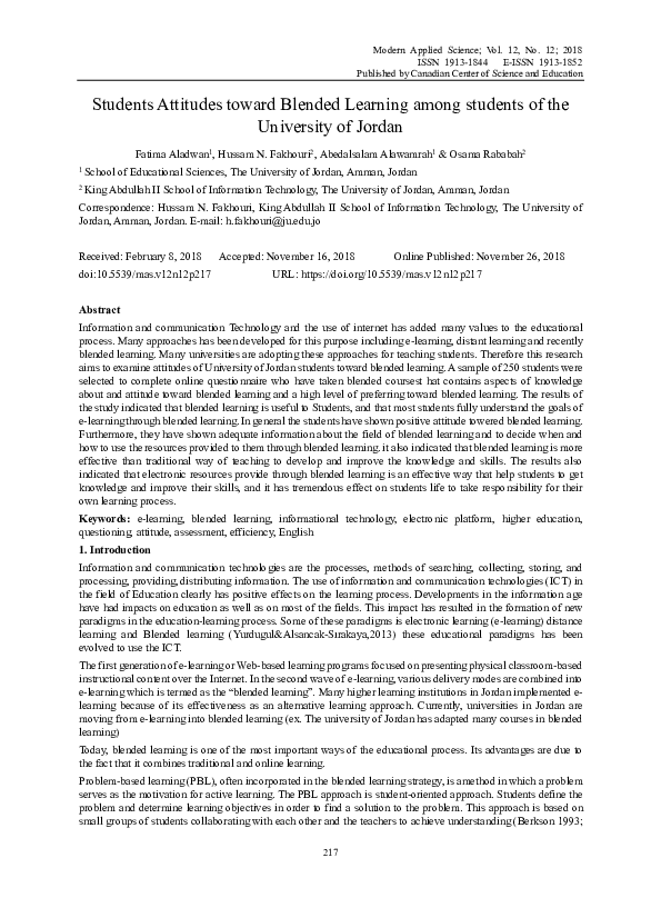 (PDF) Students Attitudes toward Blended Learning among students of the ...