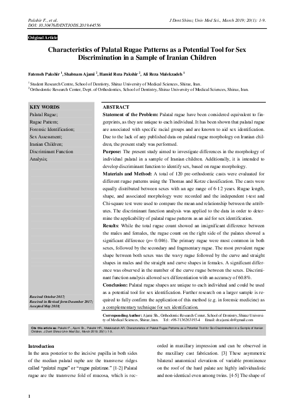 (PDF) Characteristics of Palatal Rugae Patterns as a Potential Tool for Sex Discrimination in a ...