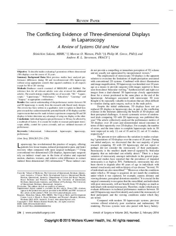 (PDF) The Conflicting Evidence of Three-dimensional Displays in Laparoscopy