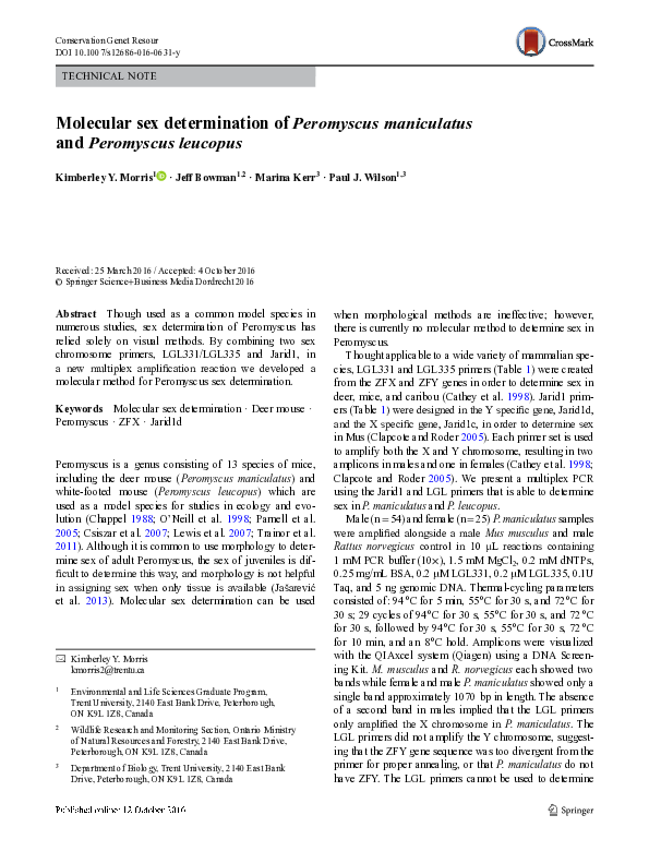 (PDF) Molecular Sex Determination in Peromyscus