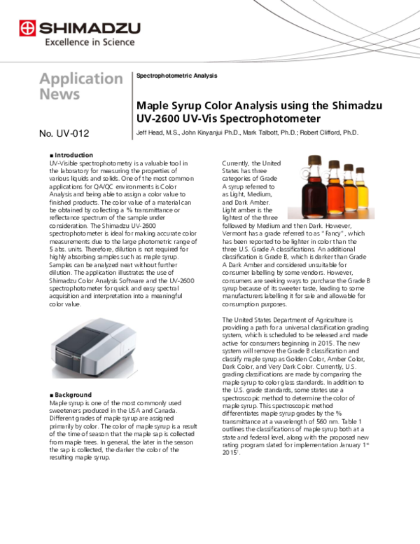 (PDF) Maple Syrup Color Analysis using the Shimadzu UV-2600 UV-Vis ...
