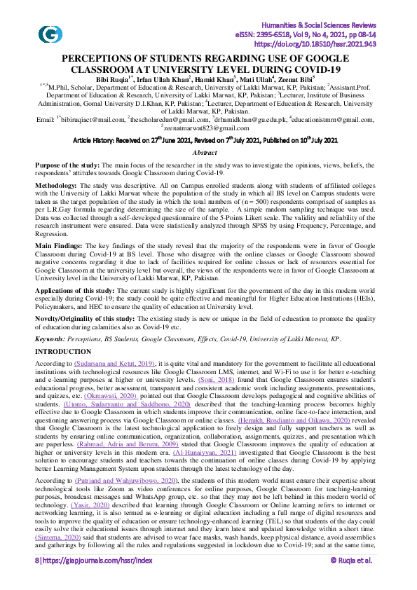 (PDF) Perceptions of Students Regarding Use of Google Classroom at University Level During COVID ...