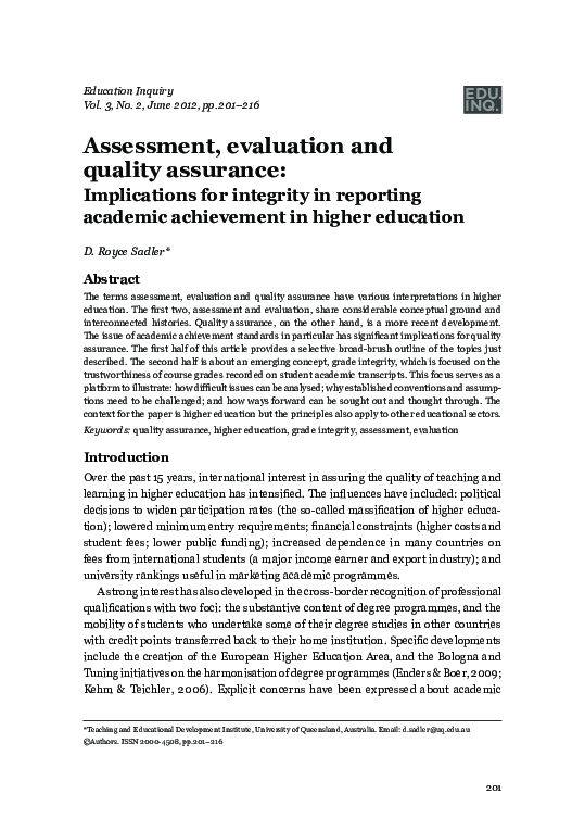 (PDF) Assessment, evaluation and quality assurance: Implications for integrity in reporting ...