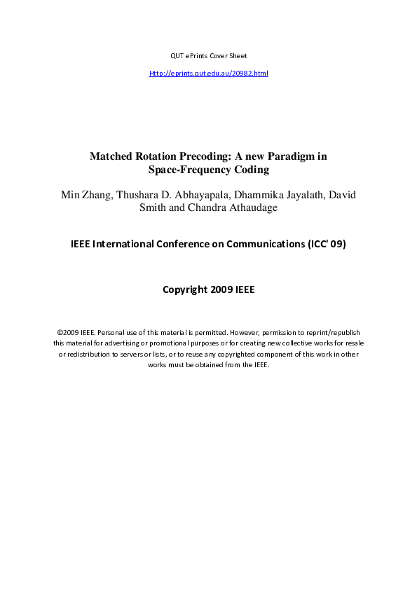 Pdf Matched Rotation Precoding A New Paradigm In Space Frequency Coding Thushara Abhayapala
