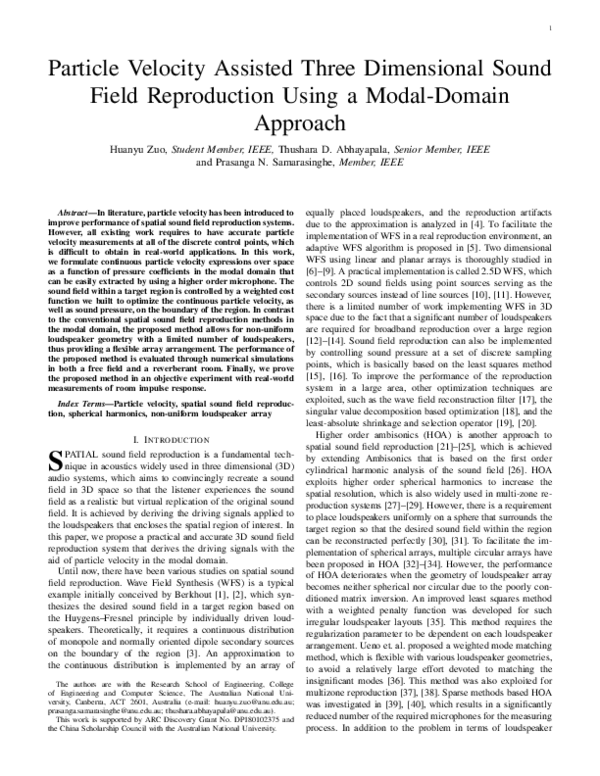 Pdf Particle Velocity Assisted Three Dimensional Sound Field Reproduction Using A Modal Domain