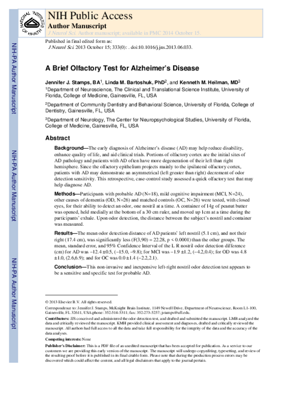 (PDF) A brief olfactory test for Alzheimer's disease
