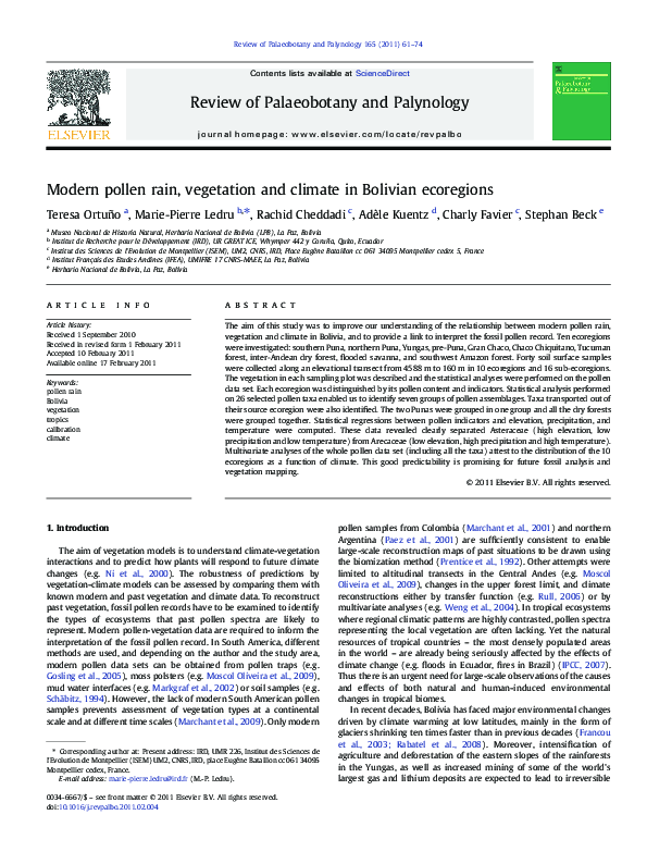 (PDF) Modern pollen rain, vegetation and climate in Bolivian ecoregions