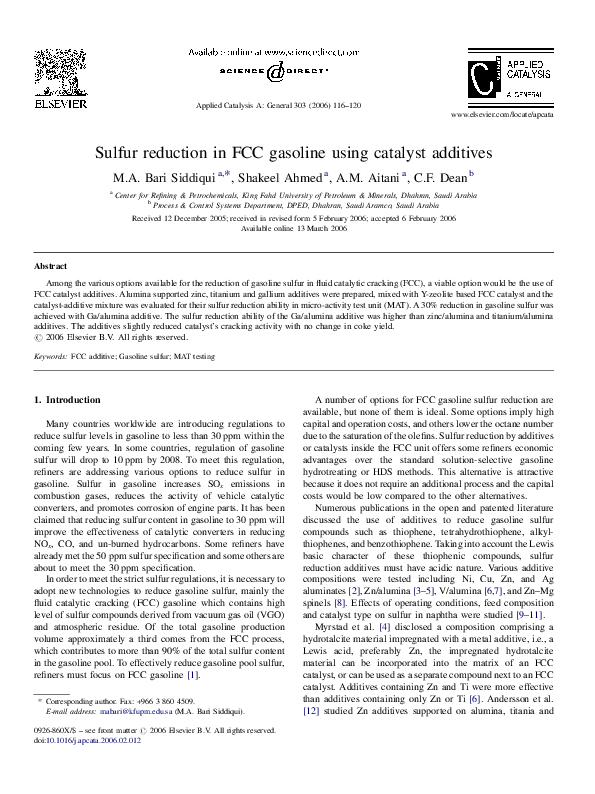 (PDF) Sulfur reduction in FCC gasoline using catalyst additives ...