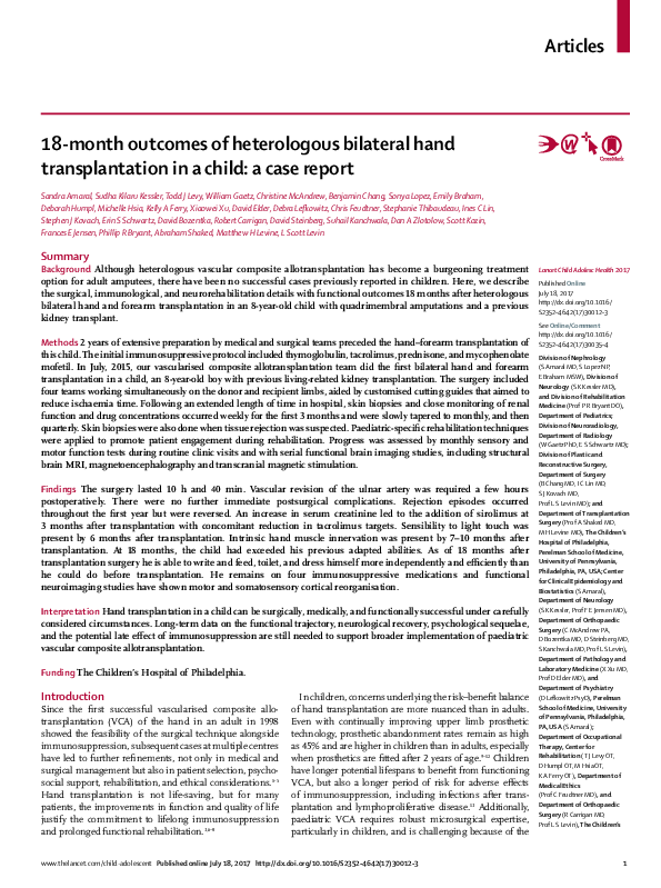 (PDF) 18-MONTH Outcomes of Heterologous Bilateral Hand Transplantation ...