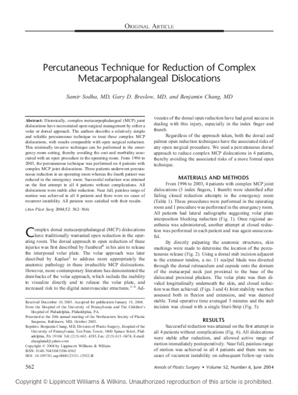 (PDF) Percutaneous Technique for Reduction of Complex ...