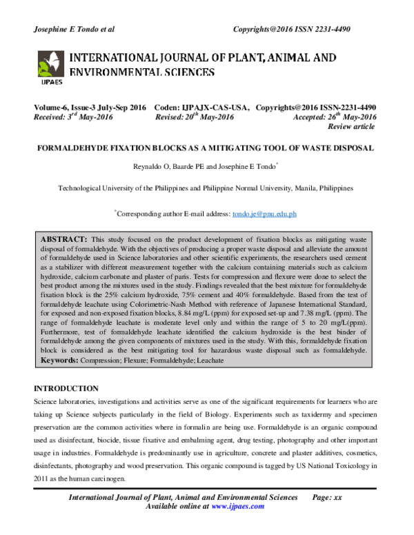 (PDF) Formaldehyde Fixation Blocks as a Mitigating Tool of Waste Disposal
