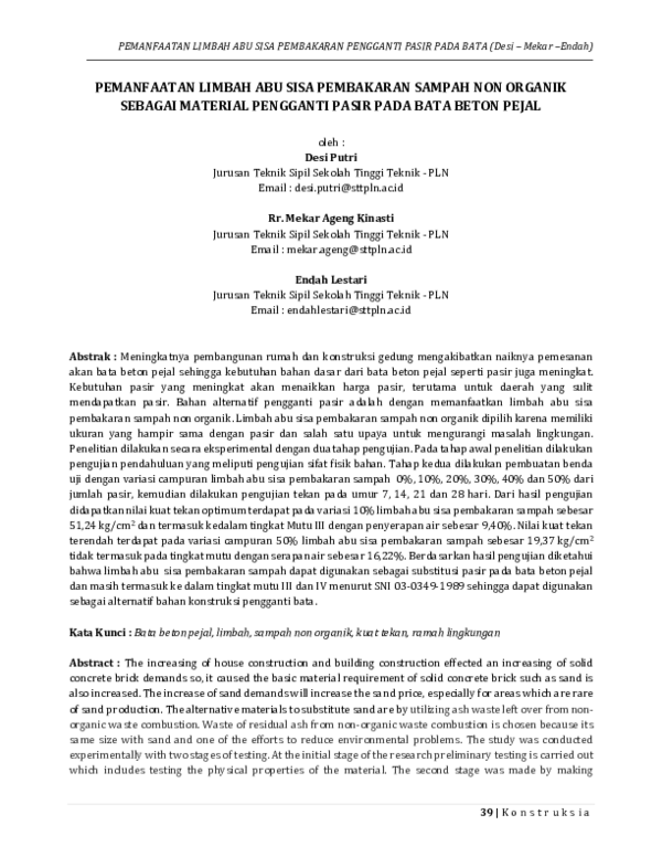 (PDF) Pemanfaatan Limbah Abu Sisa Pembakaran Sampah Non Organik Sebagai ...