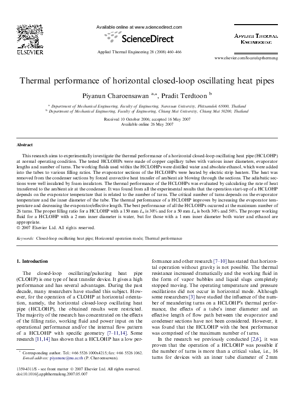 (PDF) Thermal performance of horizontal closed-loop oscillating heat pipes