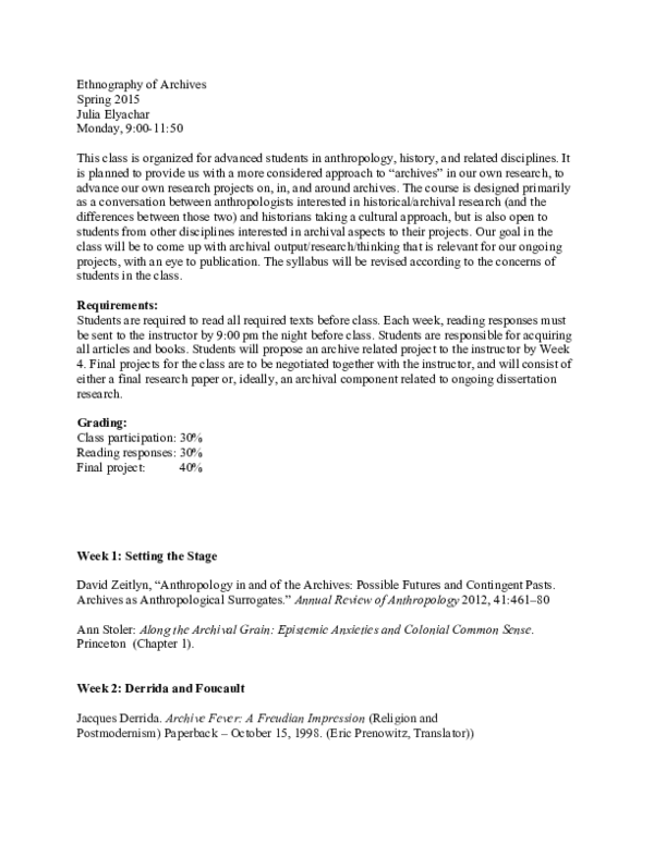 (PDF) Syllabus: Ethnography of Archives Spring 2015