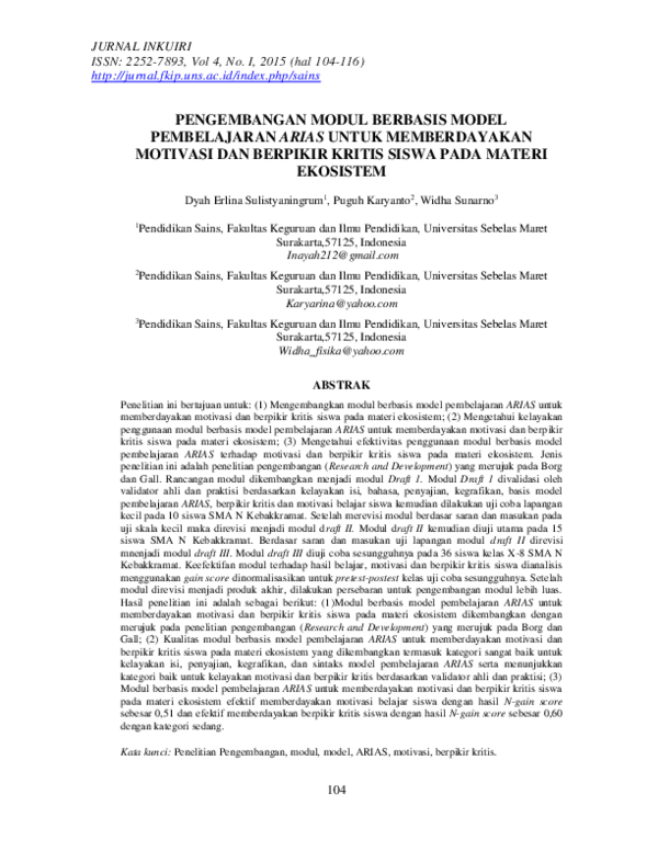 (PDF) Pengembangan Modul Berbasis Model Pembelajaran Arias Untuk Memberdayakan Motivasi Dan ...