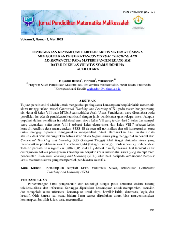 (PDF) PENINGKATAN KEMAMPUAN BERPIKIR KRITIS MATEMATIS SISWA MENGGUNAKAN PENDEKATANCONTEXTUAL ...