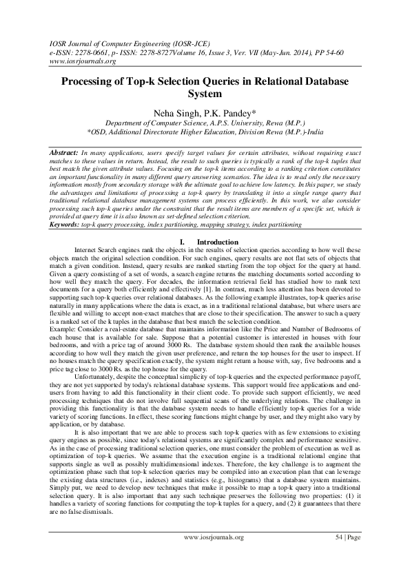 (PDF) Processing of Top-k Selection Queries in Relational Database System | Neha Singh ...