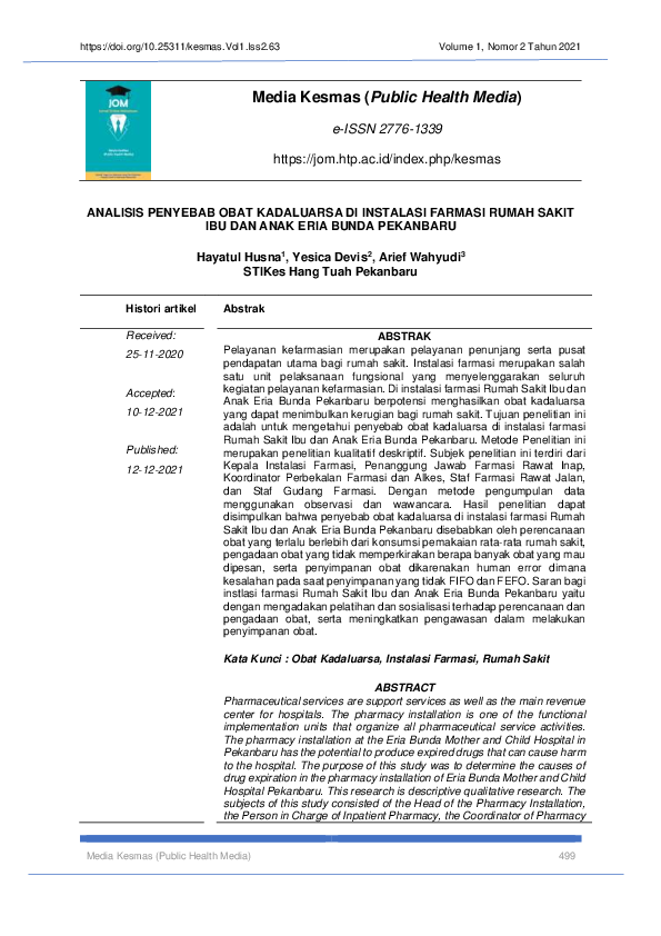 (PDF) Analisis Penyebab Obat Kadaluarsa DI Instalasi Farmasi Rumah Sakit Ibu Dan Anak Eria Bunda ...