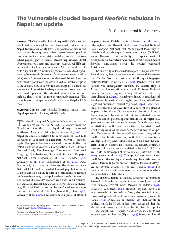 (PDF) The Vulnerable clouded leopard Neofelis nebulosa in Nepal: an update