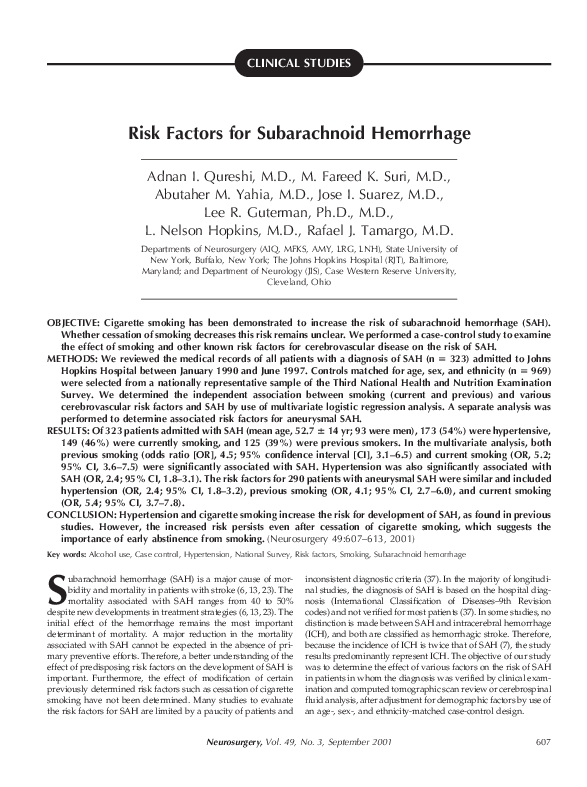 (PDF) Risk Factors for Subarachnoid Hemorrhage