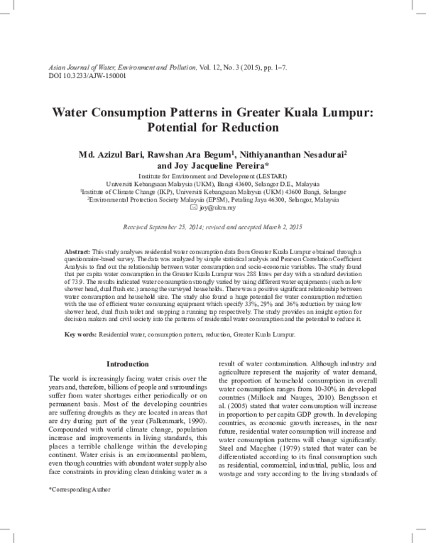 (PDF) Water Consumption Patterns in Greater Kuala Lumpur: Potential for ...