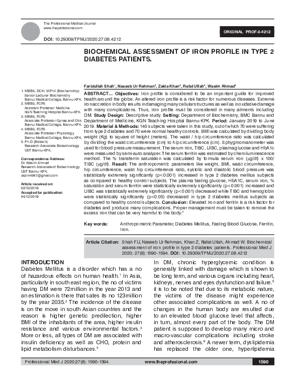 (PDF) Biochemical assessment of iron profile in type 2 diabetes patients